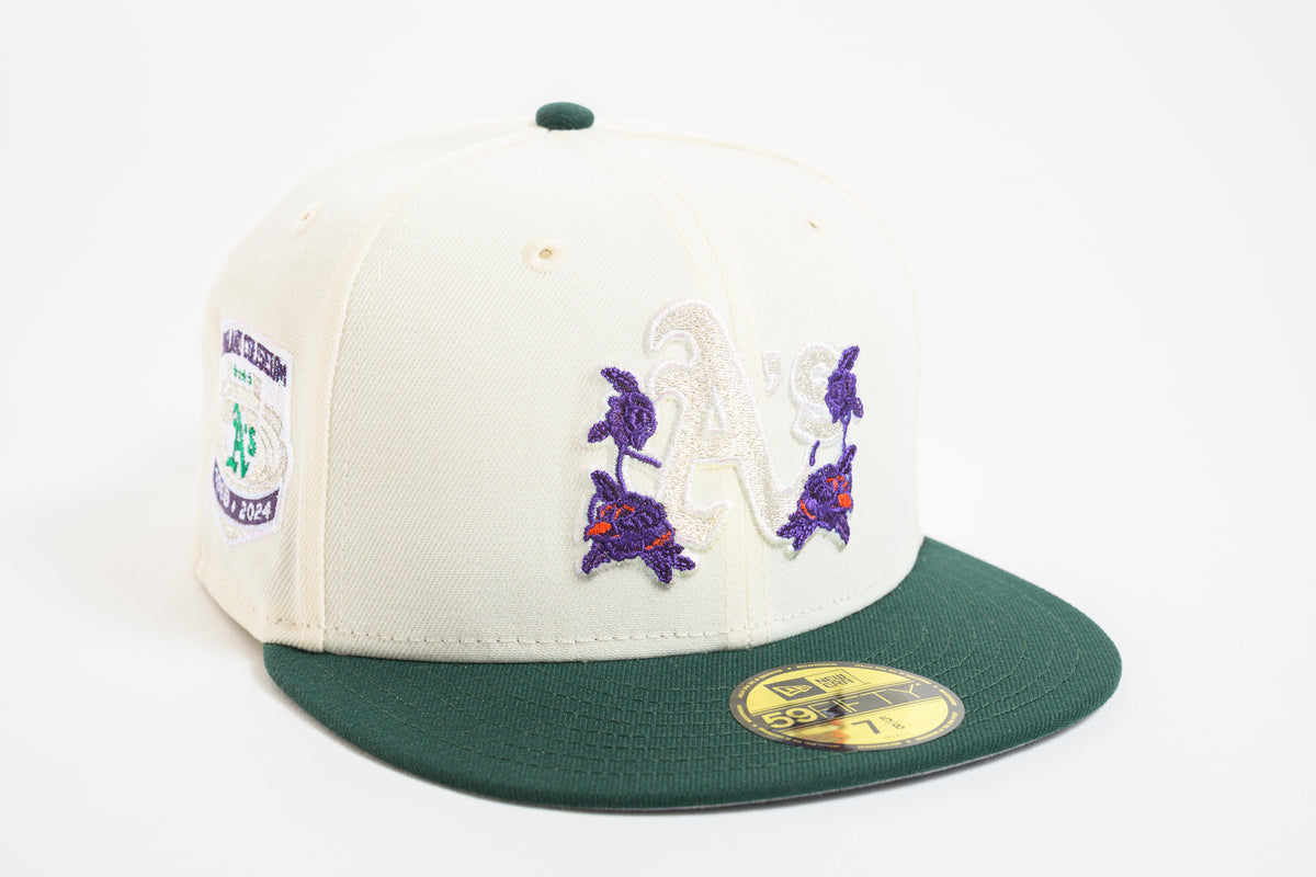 NEW ERA "OCBC / PURPLE FLOWERS" OAKLAND A'S FITTED HAT (CHROME/DARK GR ...